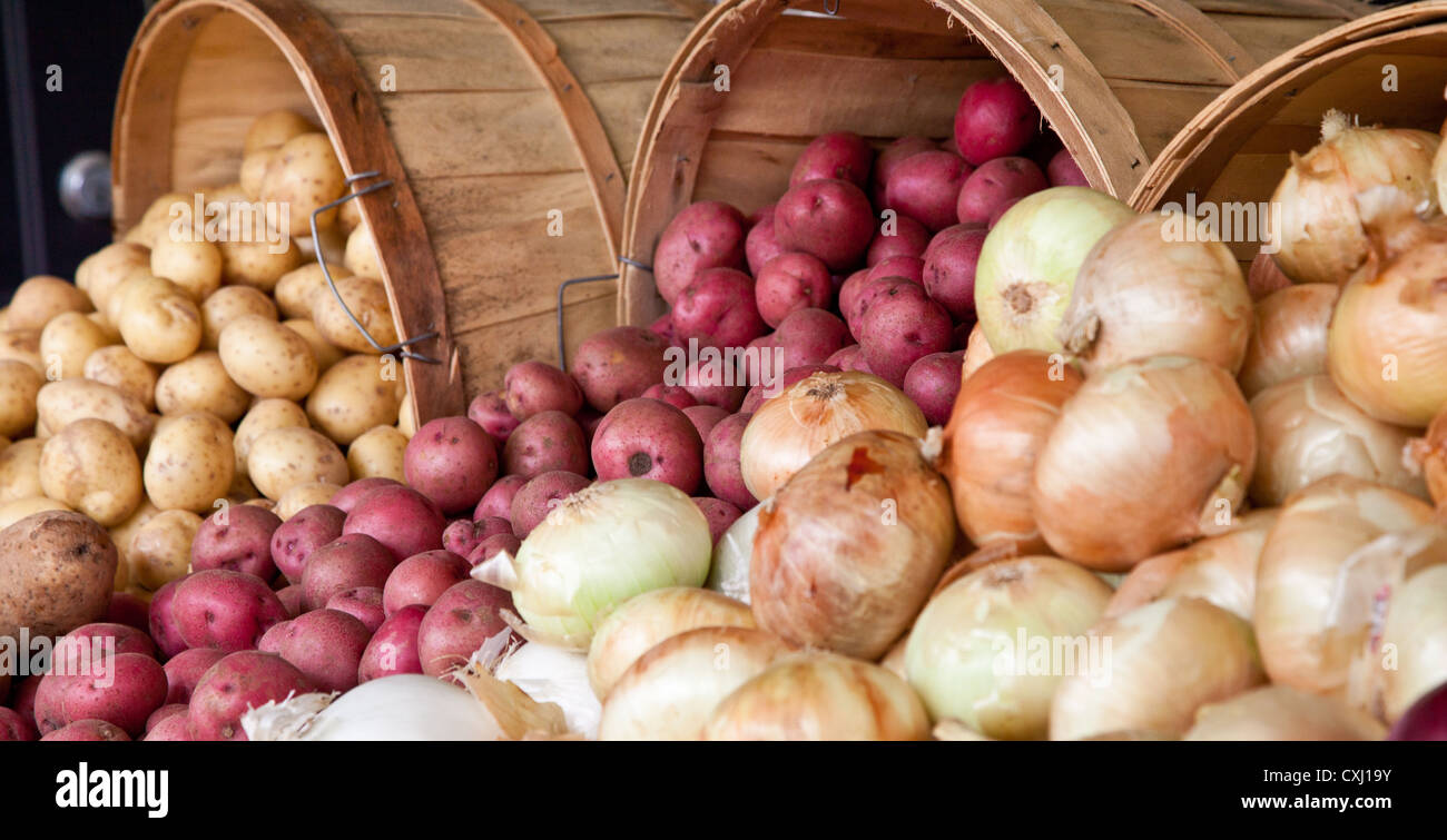Barrels of Potatoes and Onions at the local farmer's market Stock Photo ...