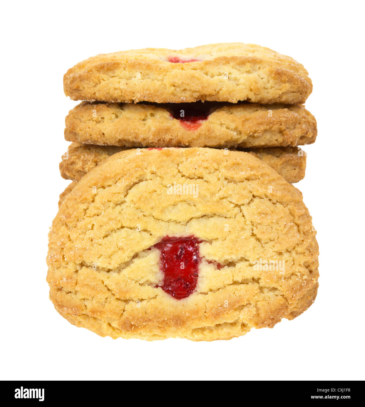 A short stack of strawberry cookies with a single cookie in front on a ...