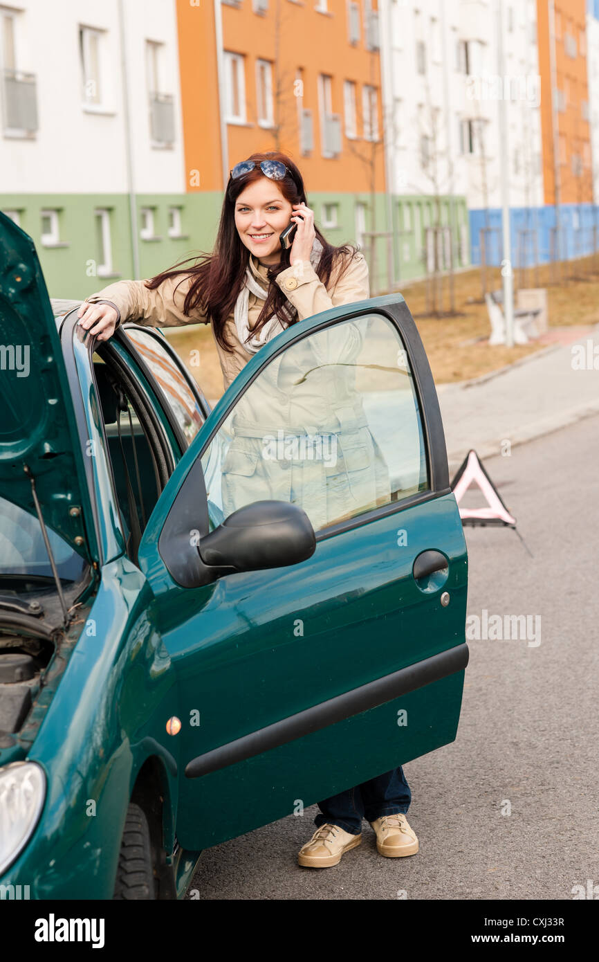 Woman on the phone for car help breakdown accident problem Stock Photo ...