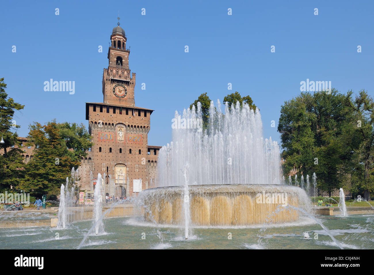 Italy, Milan, View of Sforza castle and fountain with blue sky Stock ...