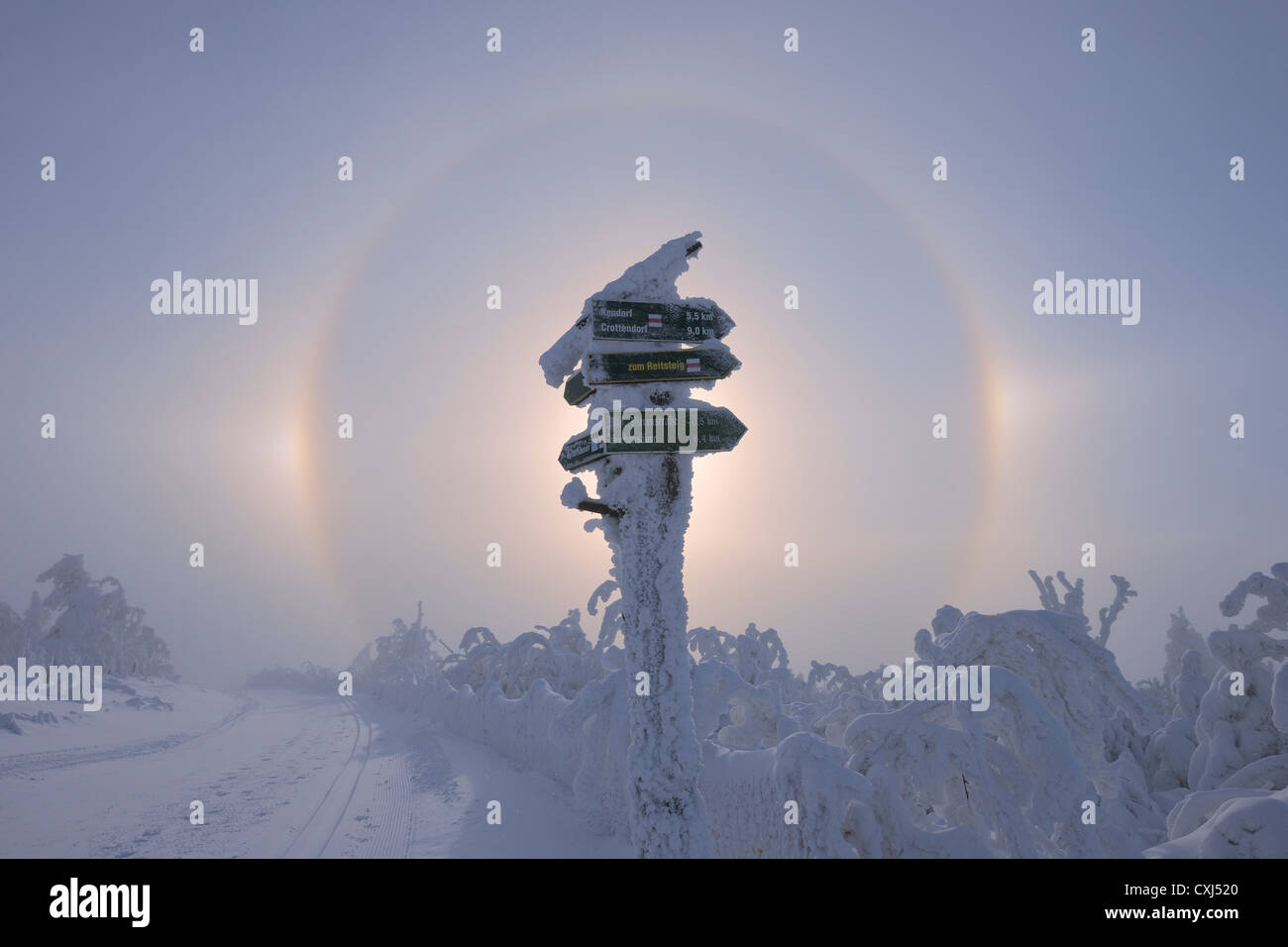 View of sundog with directional sign in snowy landscape Stock Photo - Alamy