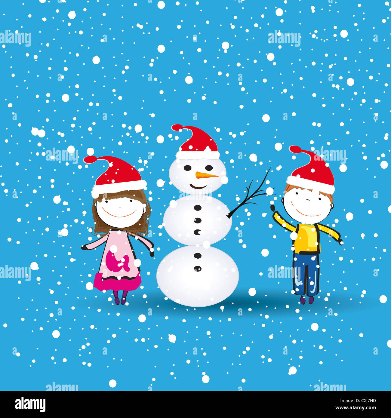 Small and happy kids in winter with snowman Stock Photo - Alamy