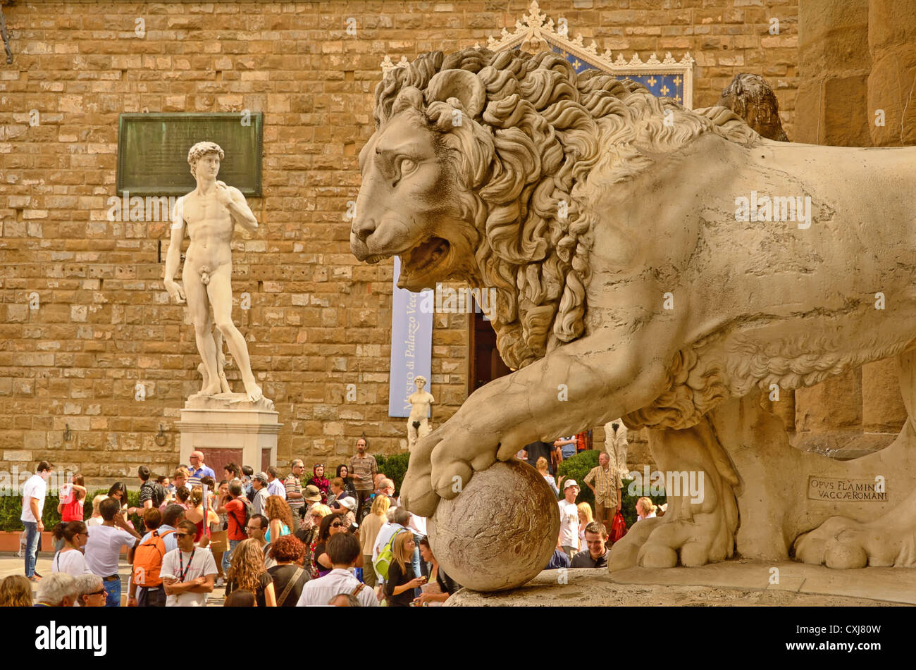 A copy of Michaelangelo's statue of David, stands in the original of ...