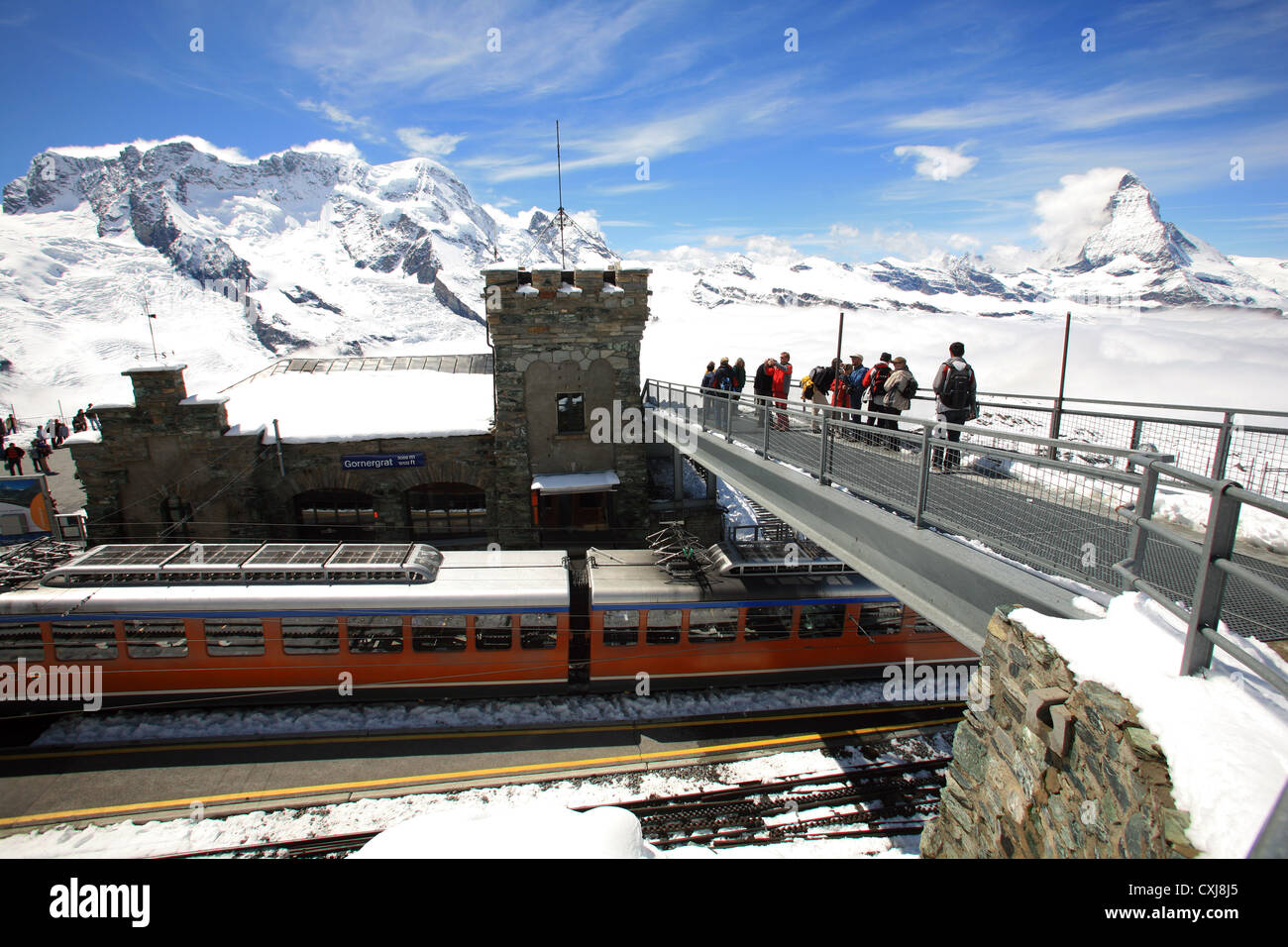 Switzerland, Valais, Zermatt, Gornergrat train station and Matterhorn ...