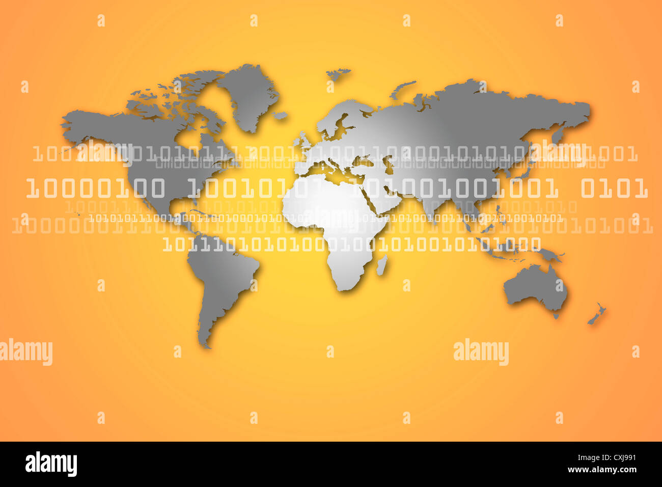 World map with binary code against orange background Stock Photo - Alamy