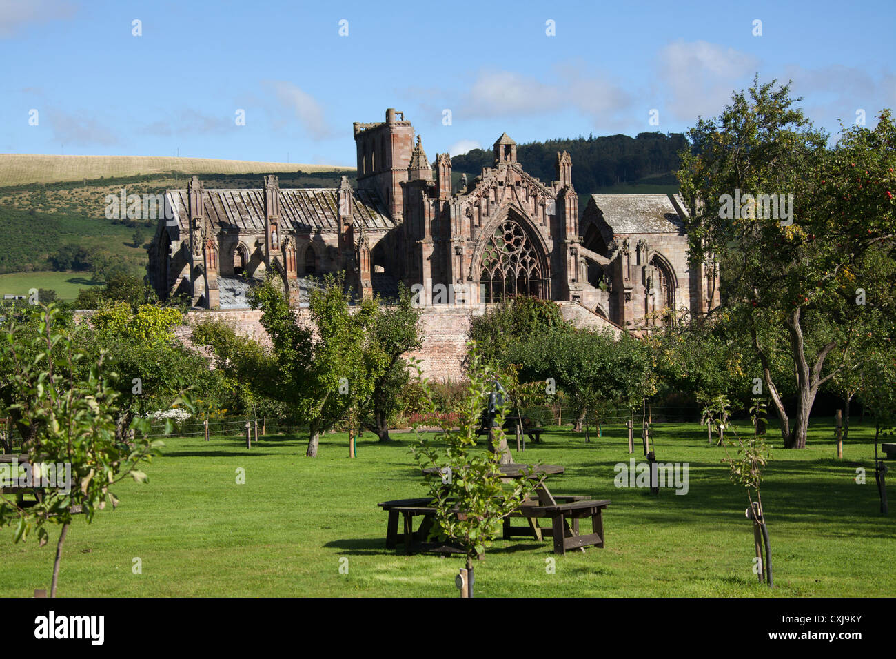 Town of Melrose, Scotland. Picturesque view of Priorwood Garden with ...