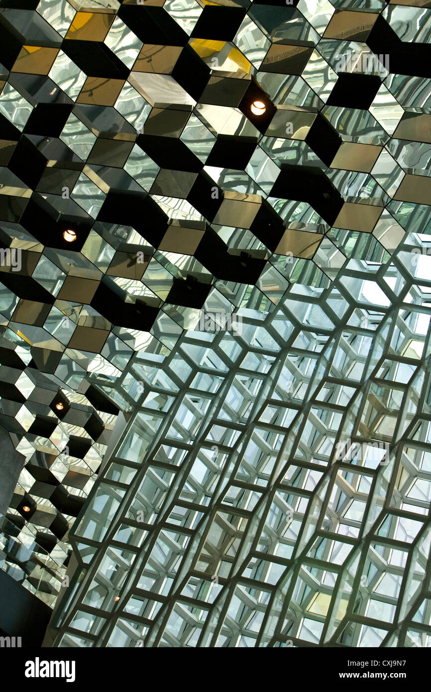 Interior ceiling detail of the Harpa Concert Hall and Conference Centre ...