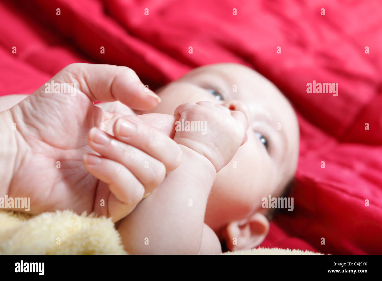 Newborn - first touches with mother hand Stock Photo - Alamy