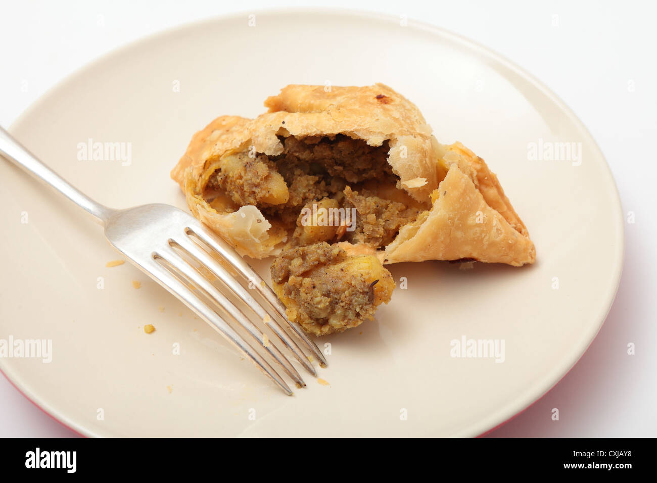 A traditional Indian vegetable samosa pastry snack on a plate with a ...