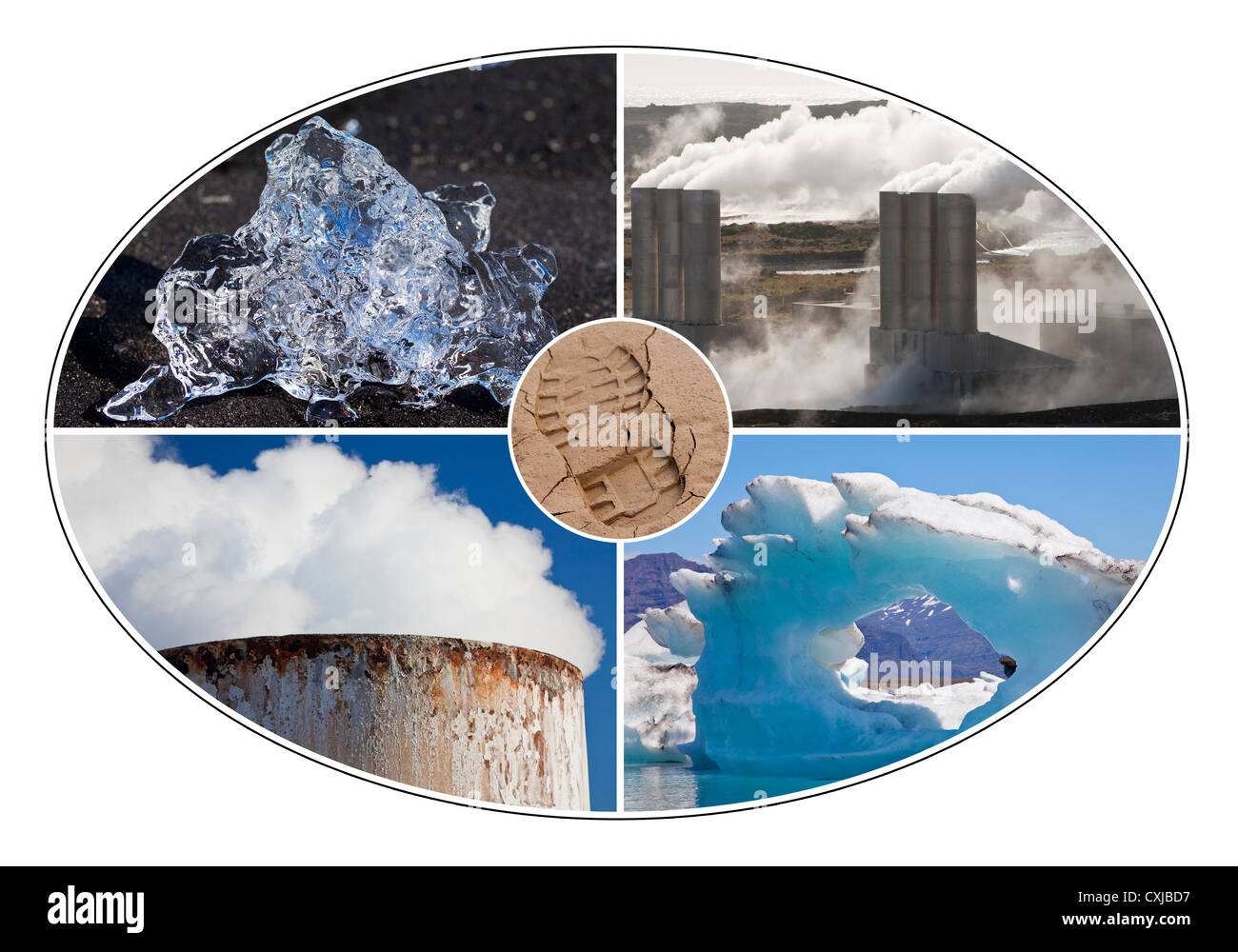 Environmental concept montage of a human carbon footprint and different ...