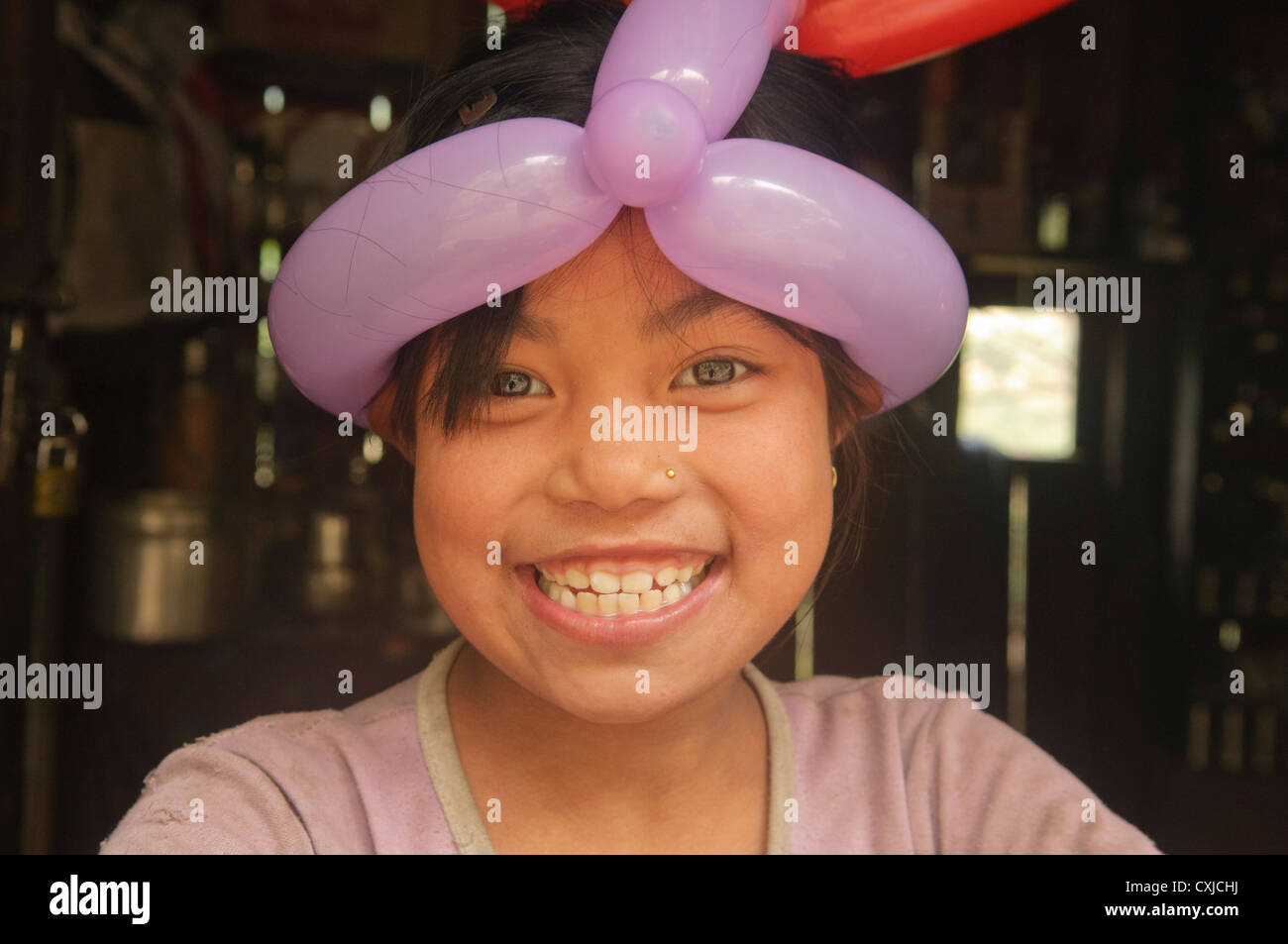 Nepali girl in the village of Bulbule along the Marsyangi River in the ...