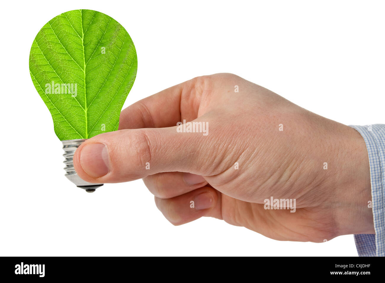 Hand with eco green energy light bulb. Isolated on white background ...