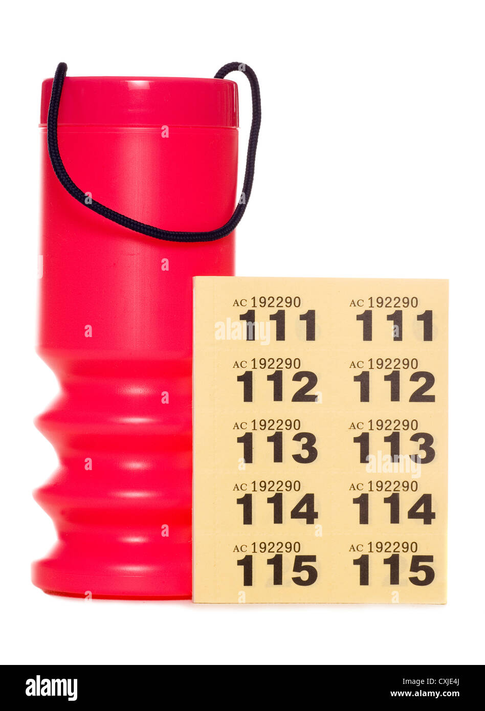 charity collection tin with raffle tickets studio cutout Stock Photo ...