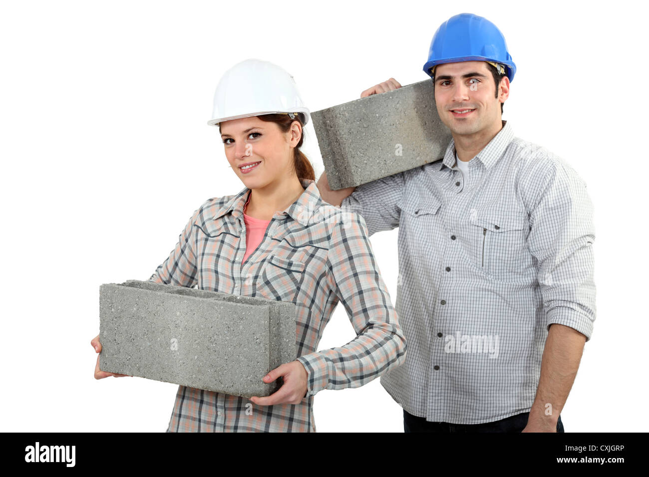 craftsman and craftswoman carrying heavy stone blocks Stock Photo - Alamy