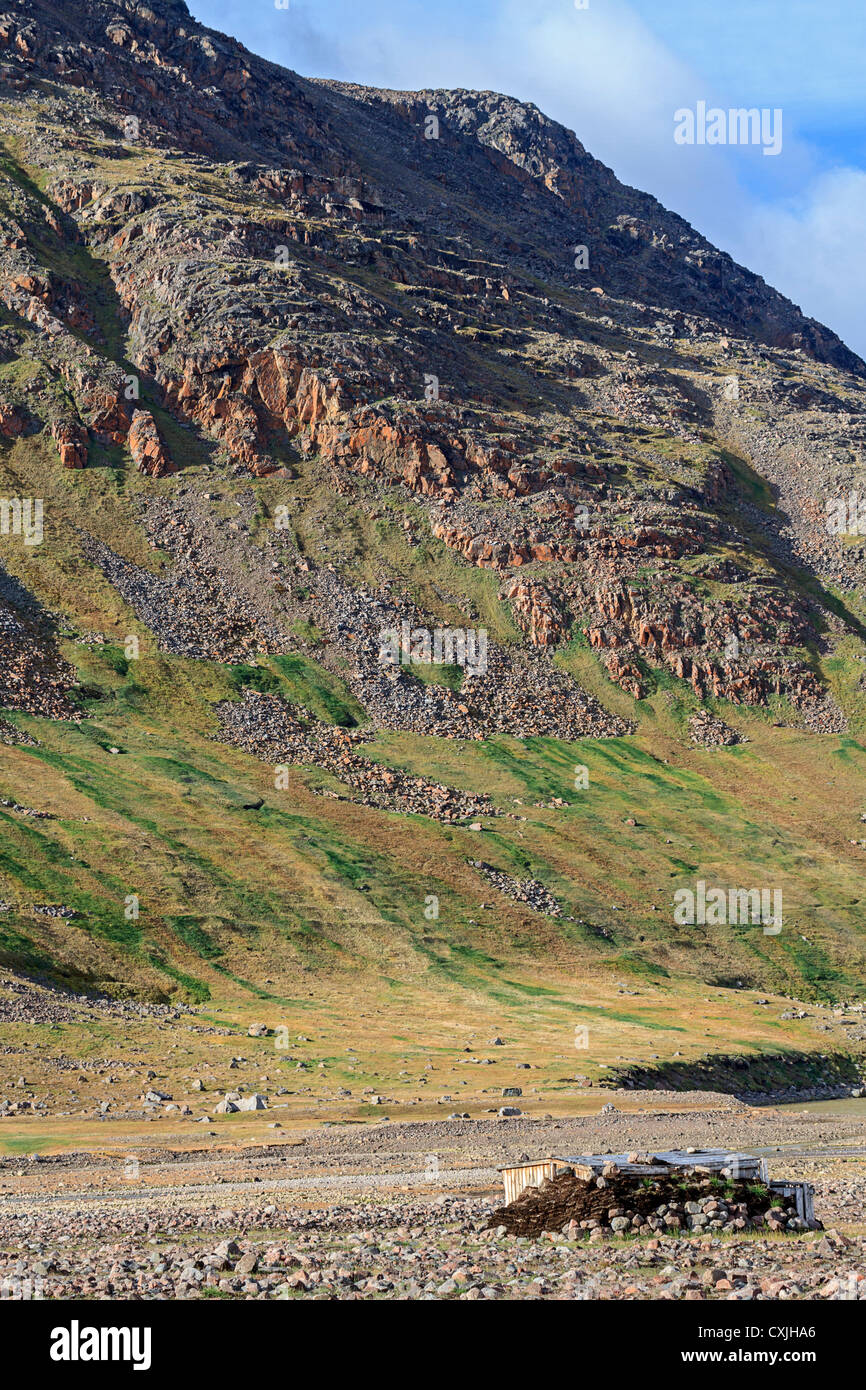 Hunting cabin near the shore of Etah, an old Inuit village site in Kane ...