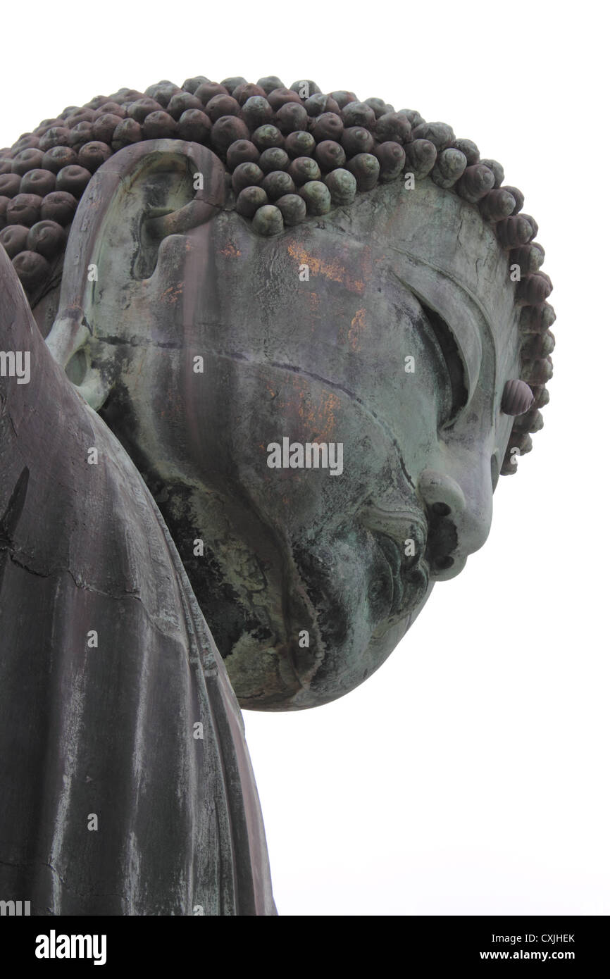 Upward view of head and profile of Giant Buddha of Kamakura near ...