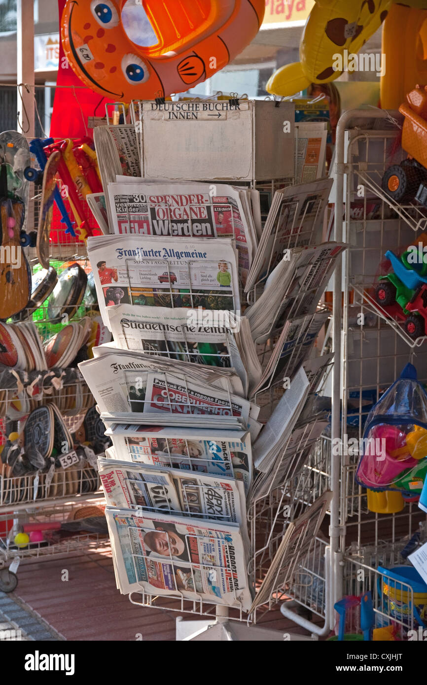 Rack of foreign newspapers in newsagents shop, Salou, Spain Stock Photo ...