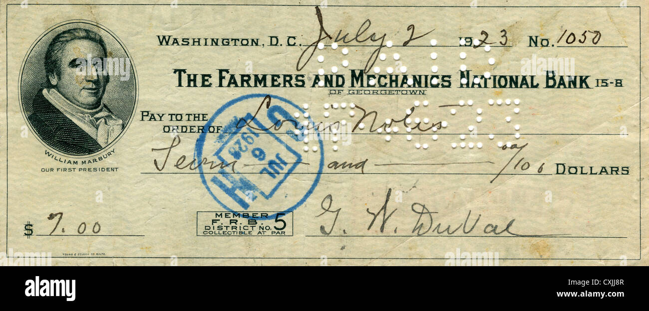 Cheque from the Farmers and Mechanics National Bank, USA, for $7, 1923 ...