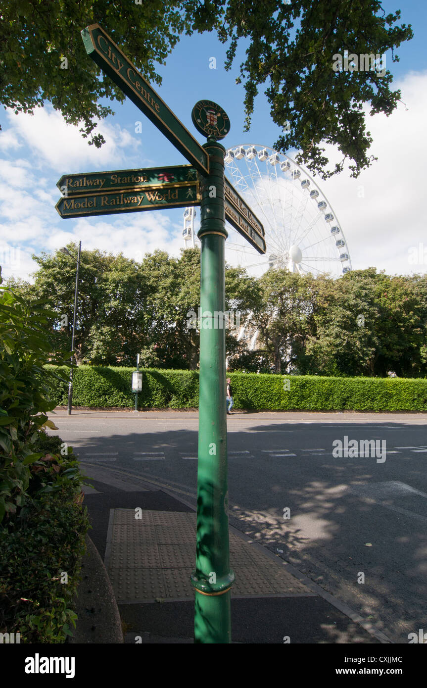 Pedestrian way sign with Wheel of York in the background Stock Photo ...