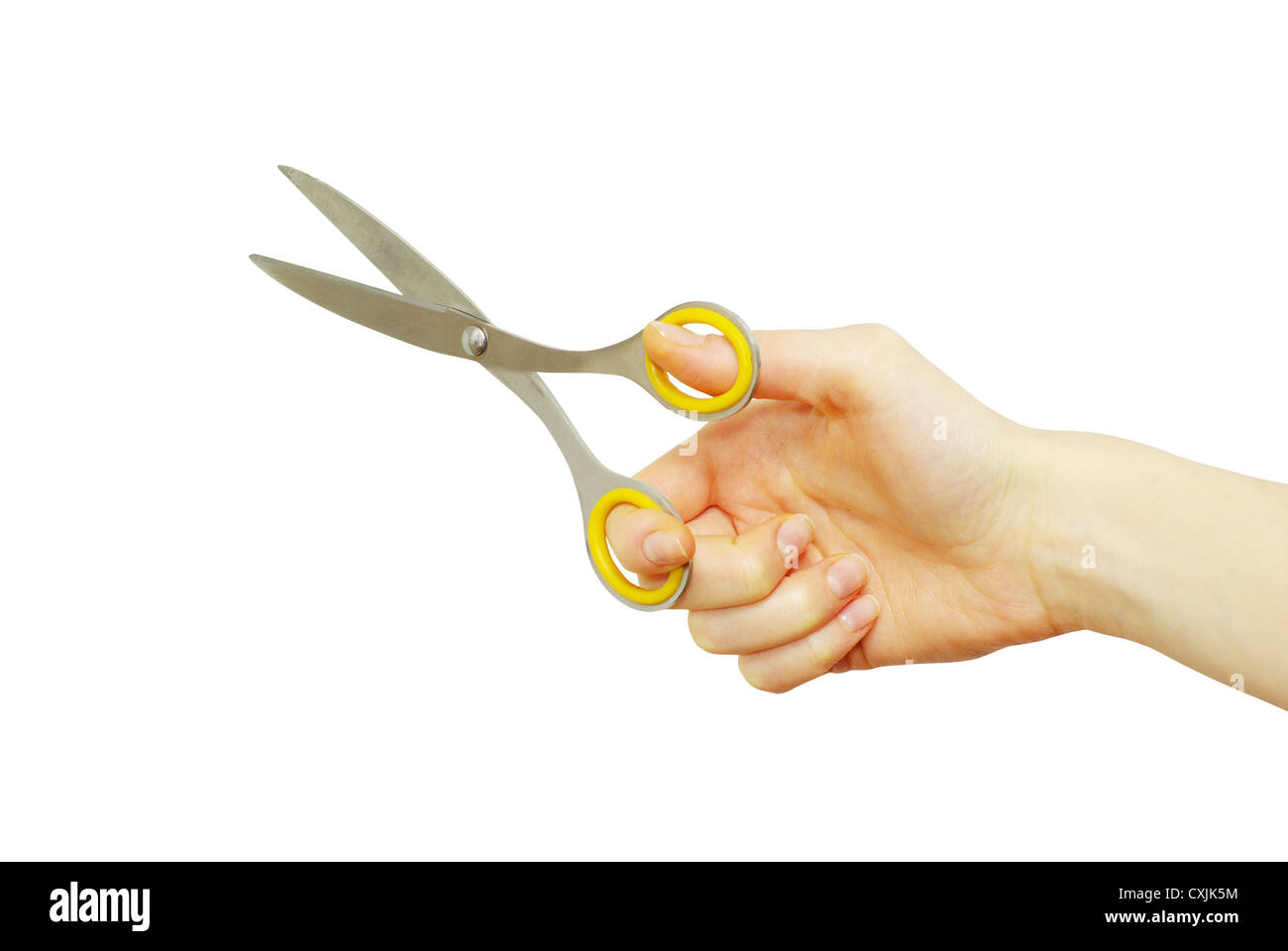 Scissors in hand isolated on white background Stock Photo - Alamy