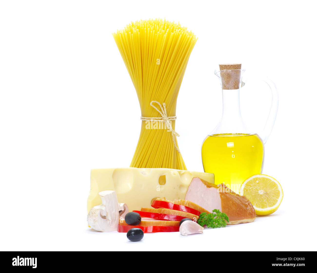 pasta ingredients isolated on white background Stock Photo - Alamy