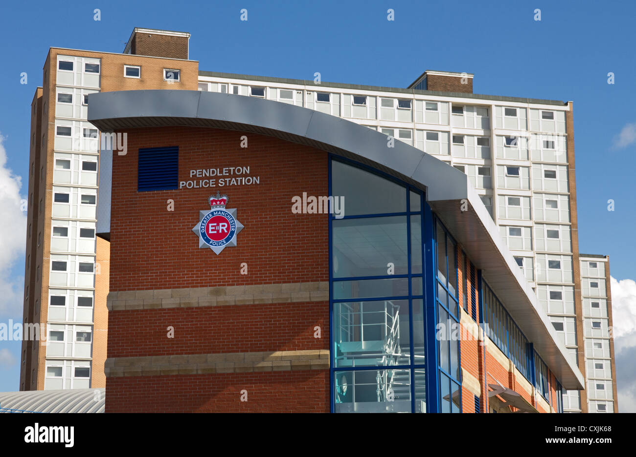 Pendleton (inner city) police station with highrise flats beyond ...