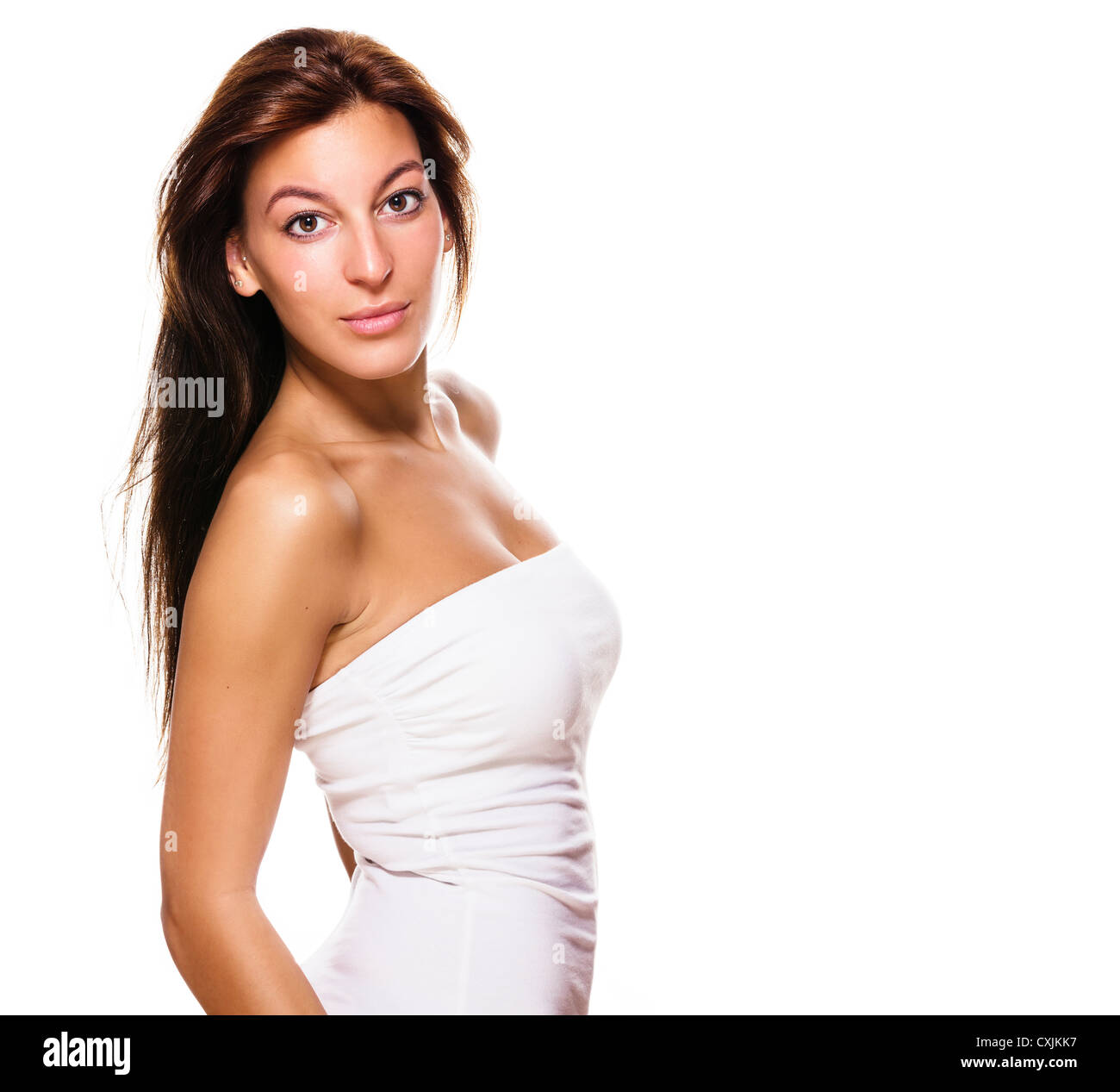 beautiful woman turning around on white background Stock Photo - Alamy