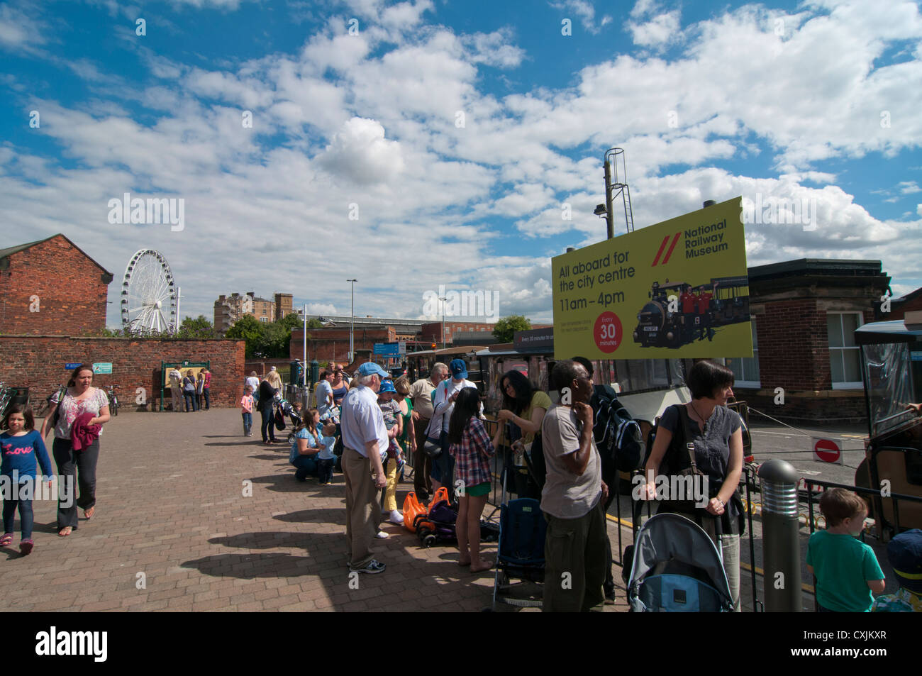 Queue for land train outside National Railway Museum, York Stock Photo ...