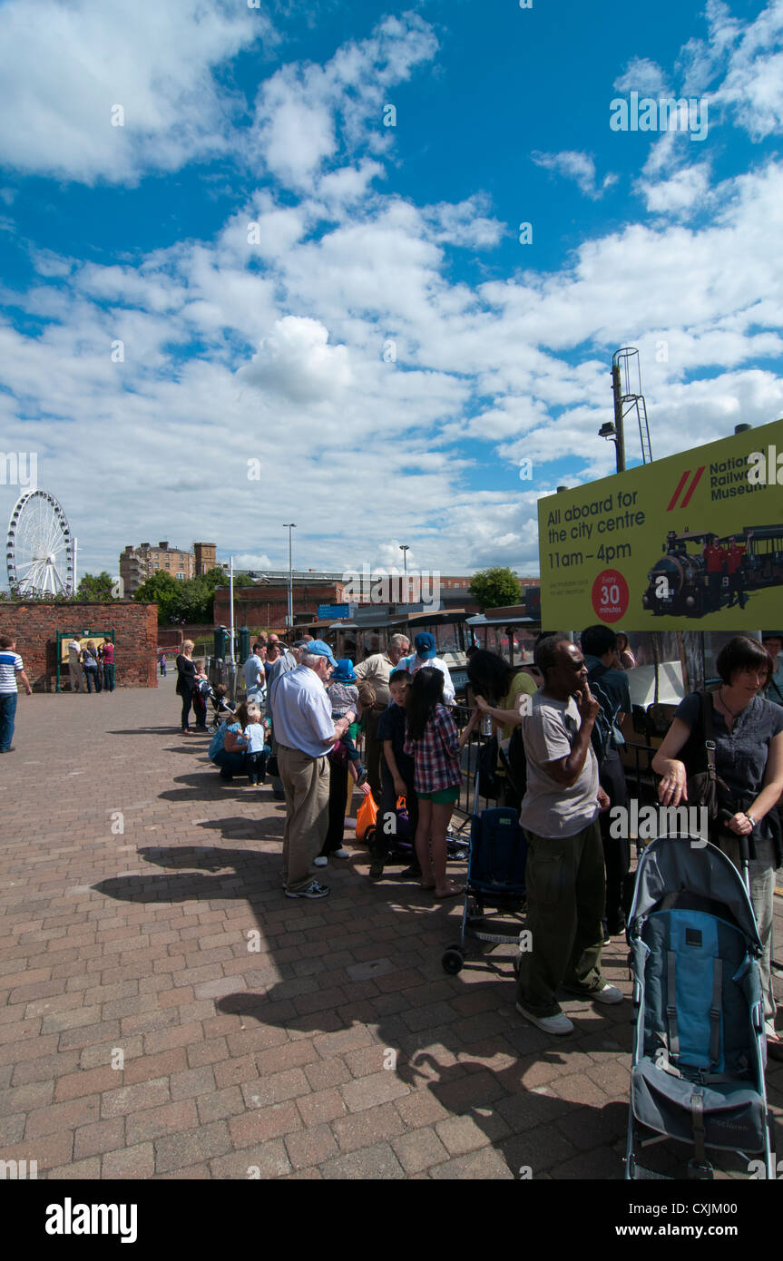 Queue for land train outside National Railway Museum, York Stock Photo ...