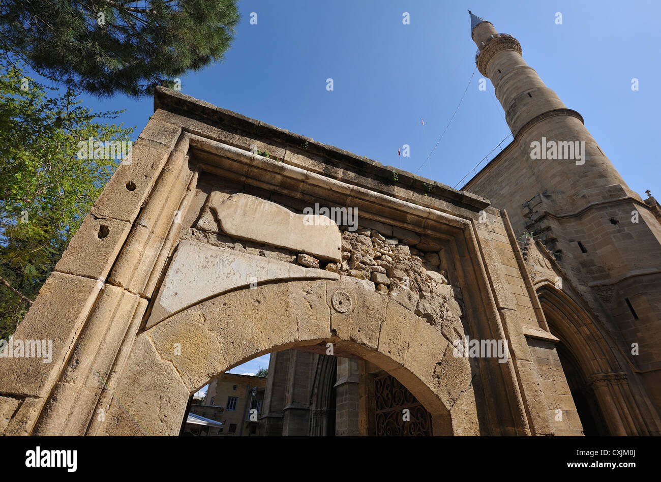 Arch and minaret of the Selimiye Mosque, a former Christian church, in ...
