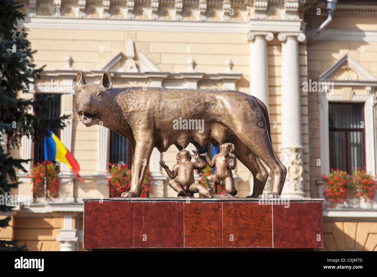 Statue of wolf suckling Romulus and Remus in Brasov, Transylvania ...
