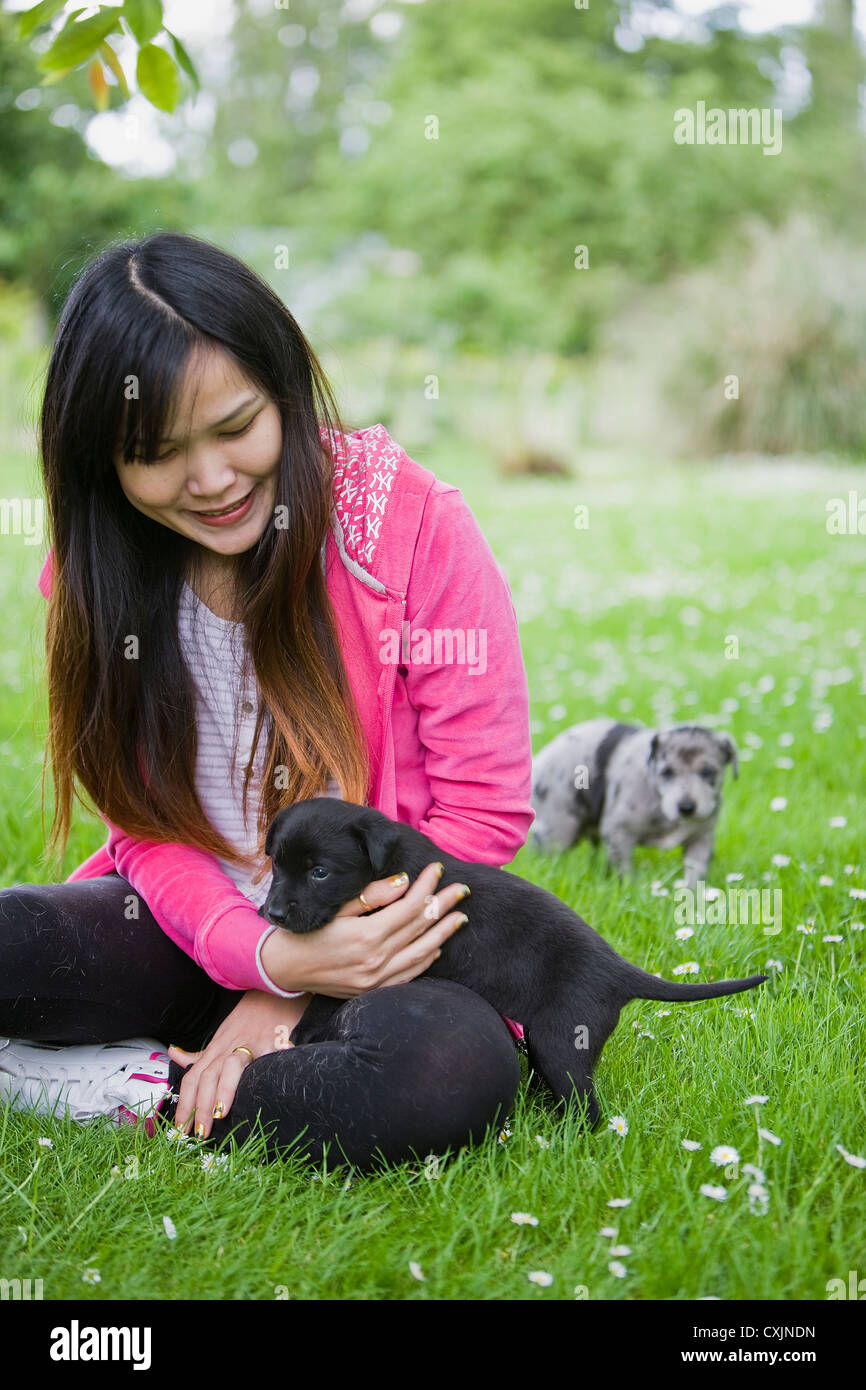 Girl playing with Puppies Stock Photo - Alamy