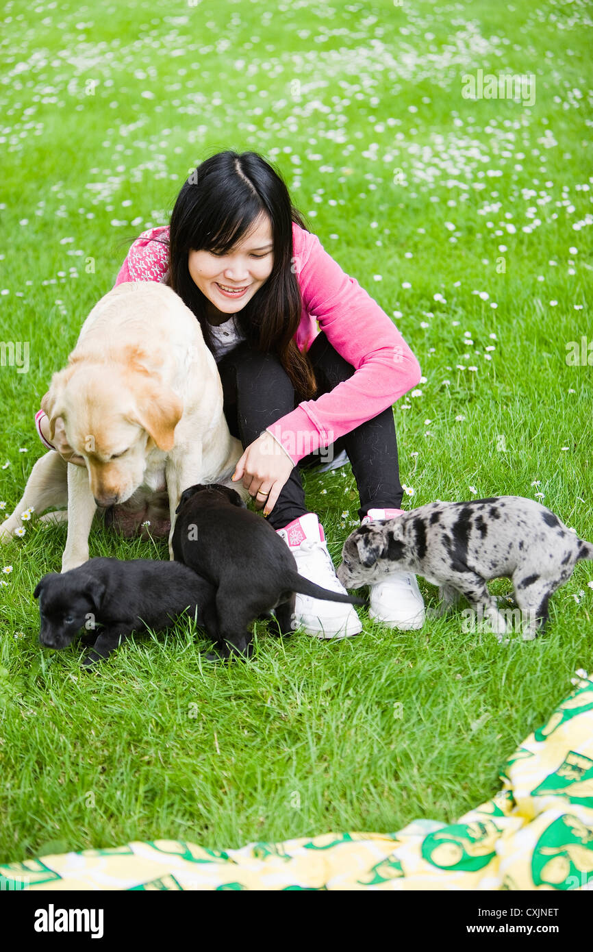 Girl playing puppies hi-res stock photography and images - Alamy