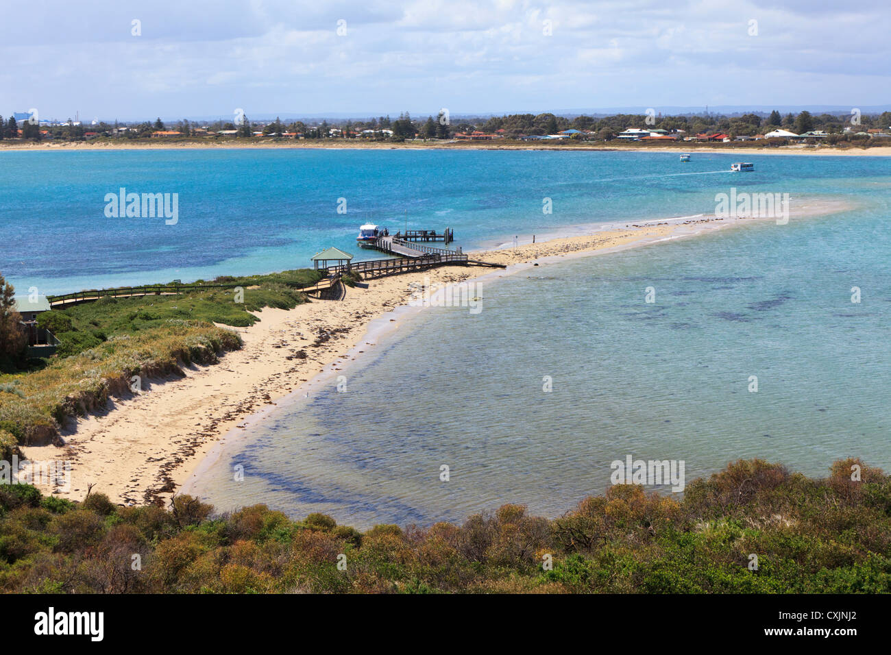 Looking down to the ferry jetty and sand spit at Penguin Island ...
