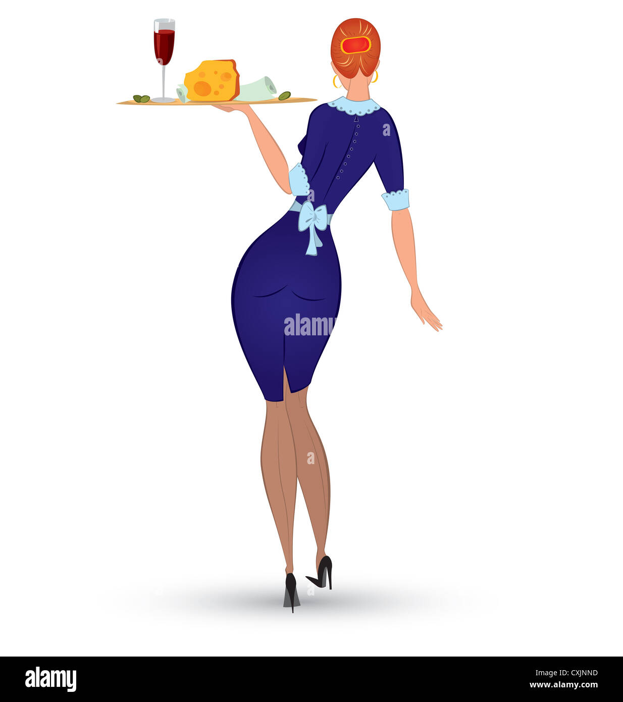 Vector illustration of a slim waitress in blue uniform isolated on ...