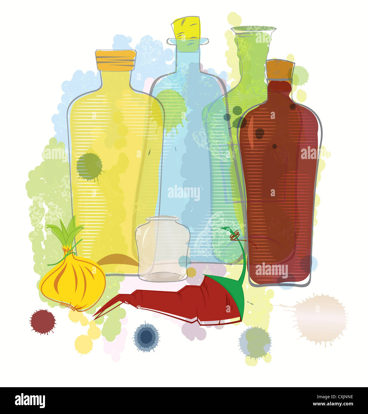 Vector illustration of water colored bottles pepper and onion Stock ...