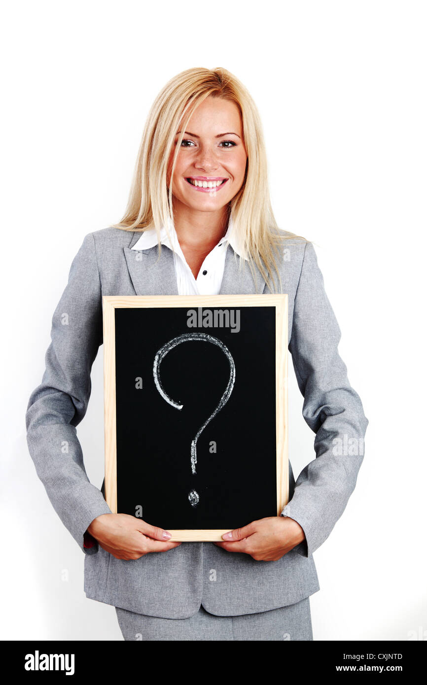 business woman take question sign in hands Stock Photo - Alamy
