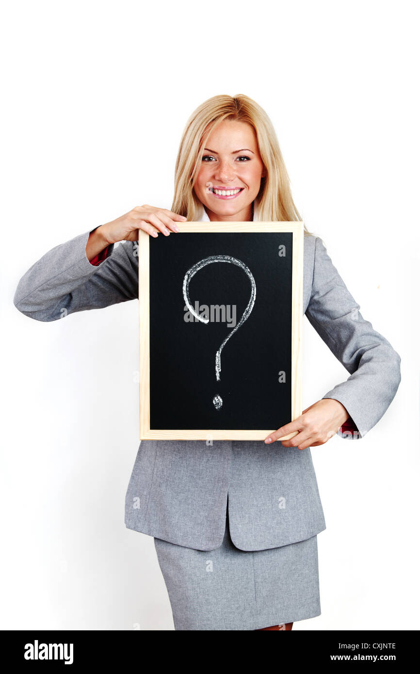 business woman take question sign in hands Stock Photo - Alamy