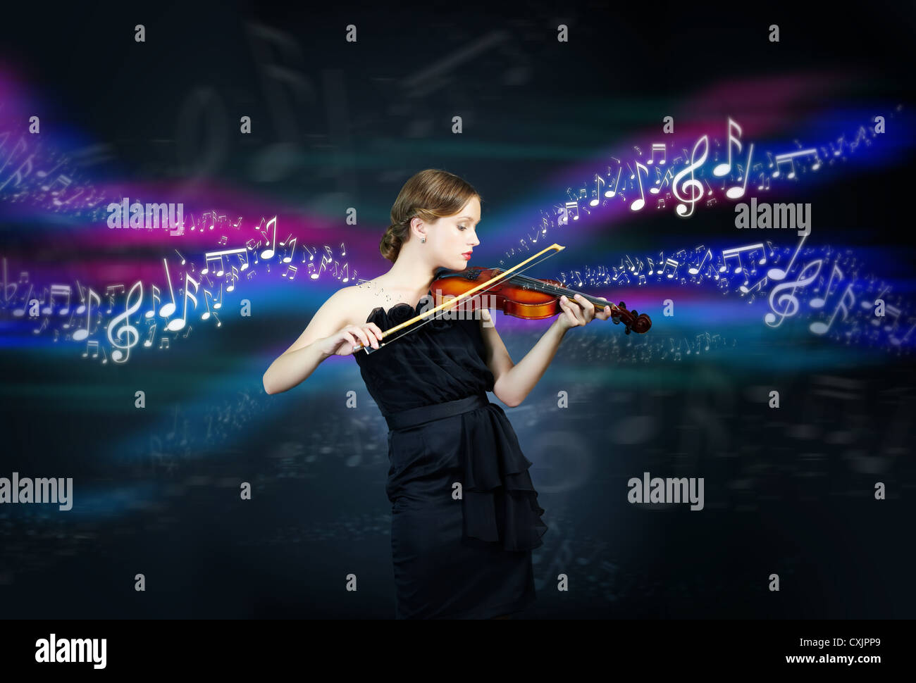 Portrait of a young female playing the violin over creative background ...