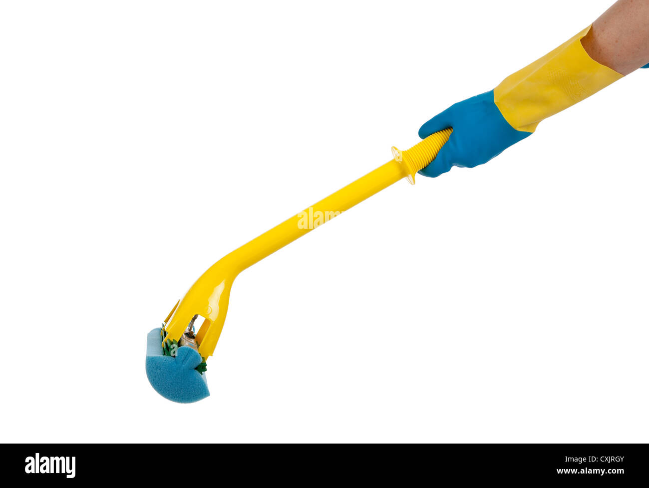 Blue and yellow sponge mop being held by a blue and yellow rubber glove ...