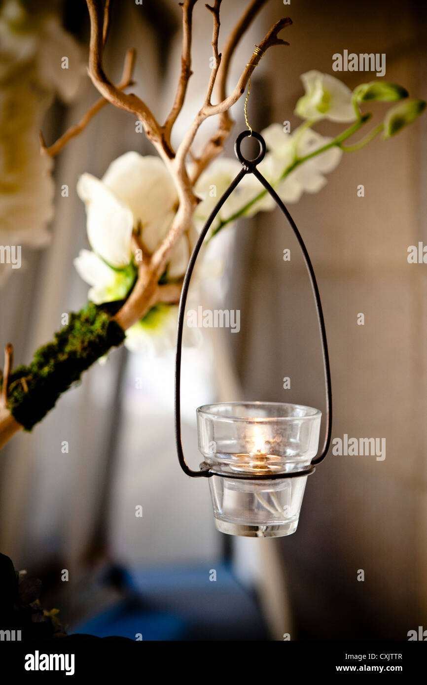 Tea Light Hanging from Branch Stock Photo - Alamy