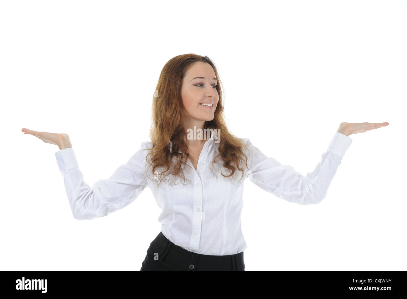 woman looks at her open palm Stock Photo - Alamy