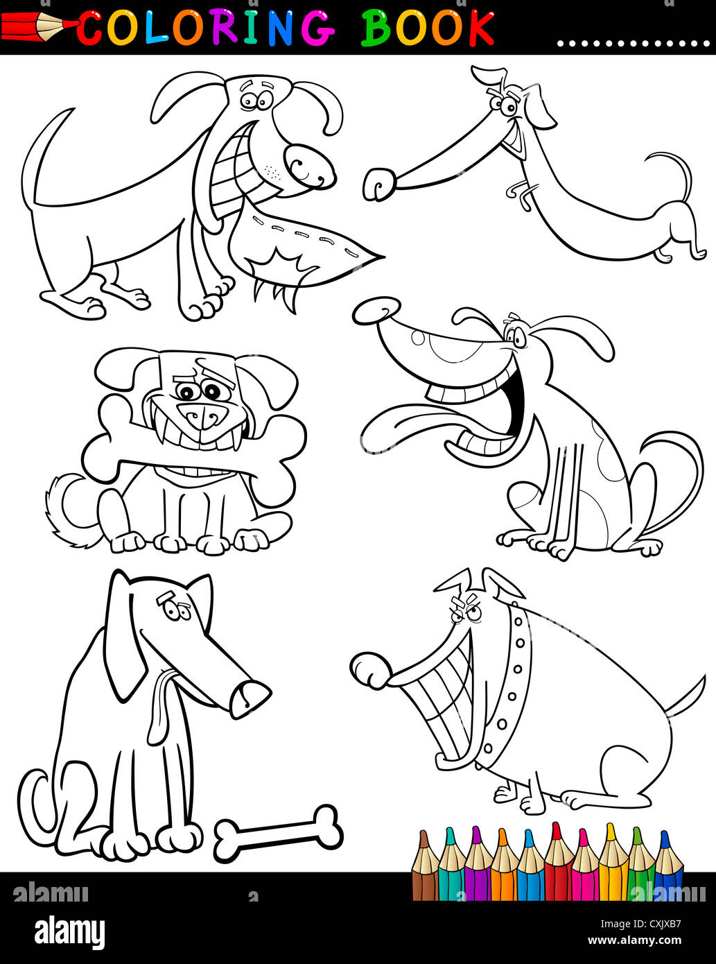Coloring Book or Page Cartoon Illustration of Funny Dogs and Puppies ...