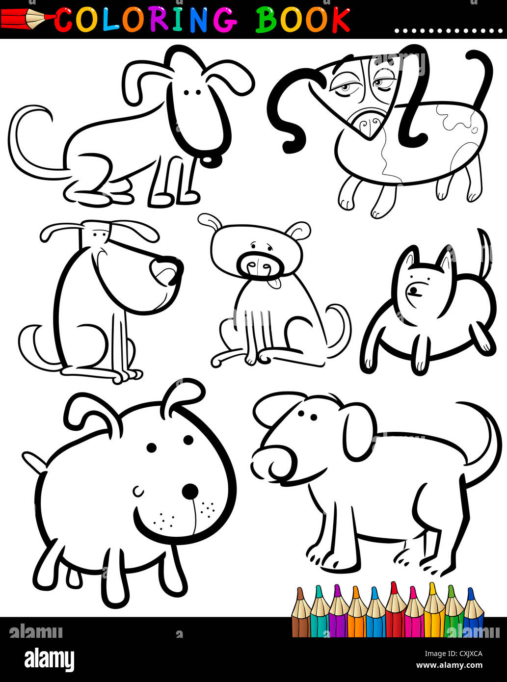 Coloring Book or Page Cartoon Illustration of Funny Dogs and Puppies ...