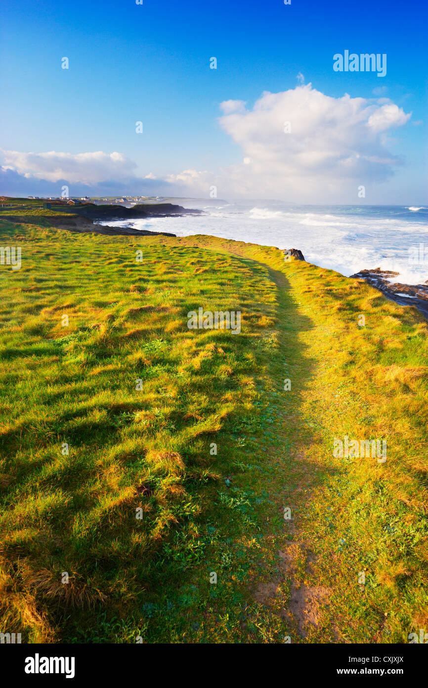 South West Coast Path leading around Grassy Coastline, Trevose Head ...