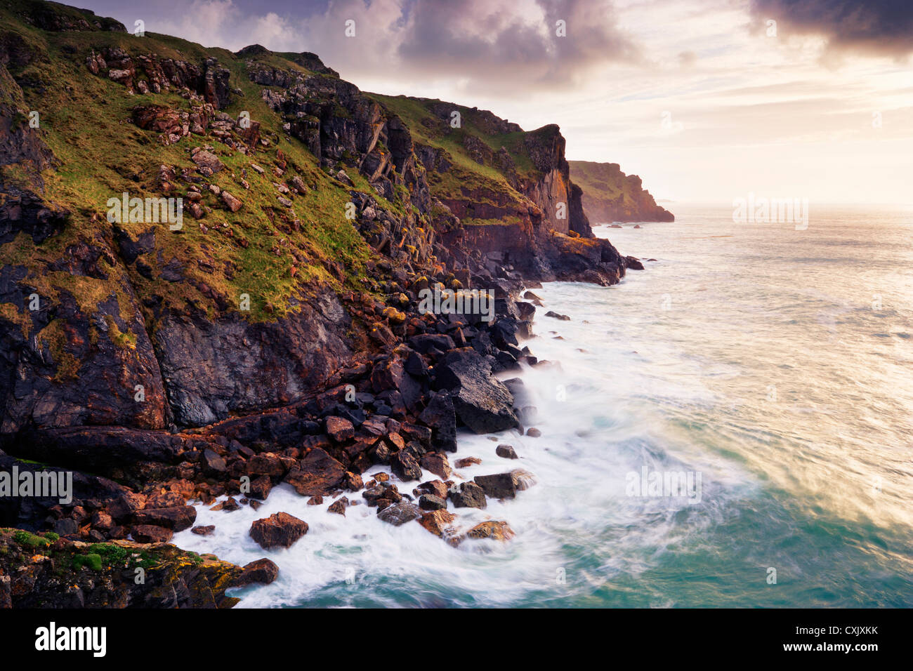 Waves Breaking below Rugged Sea Cliffs, Rumps Point, Cornwall, England ...