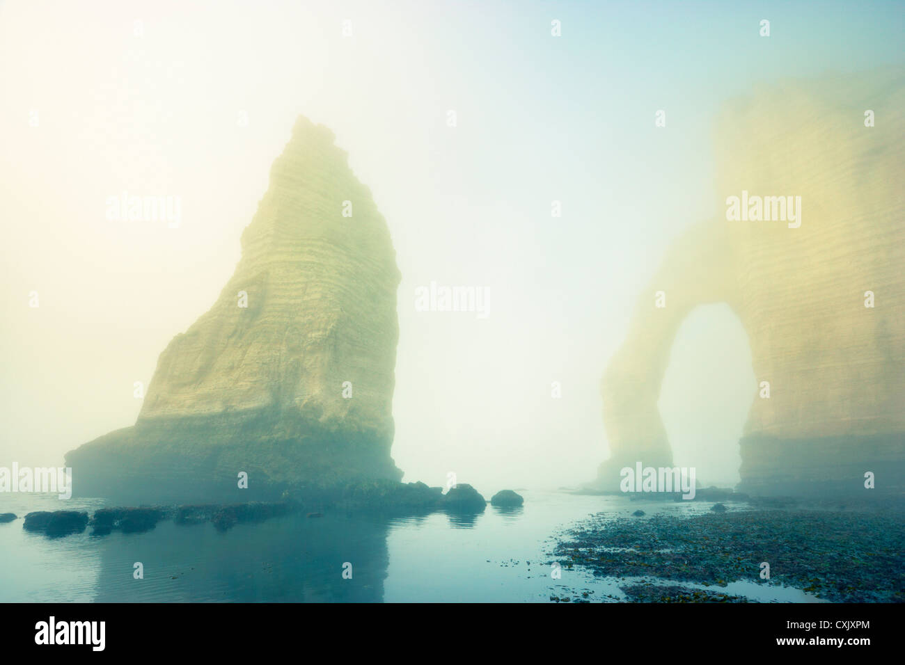 Natural Arch and Sea Stack in Mist, Etretat, Normandy, France Stock ...