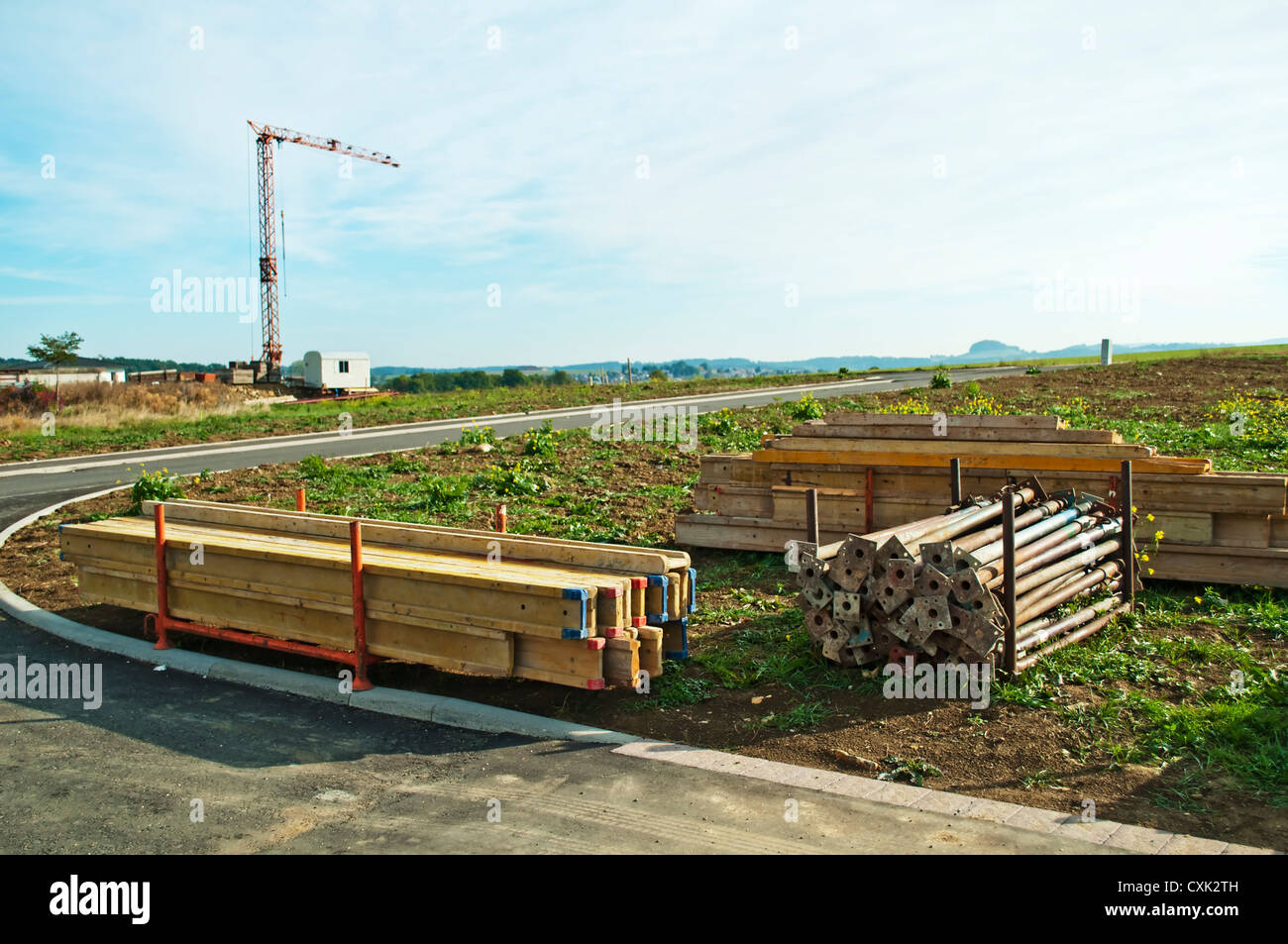 construction field with crane and material for a scaffold Stock Photo ...