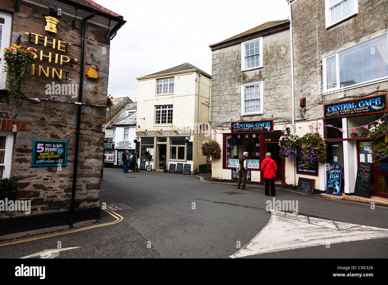 Mevagissey Cornwall main street and shops in this village The Ship Inn ...