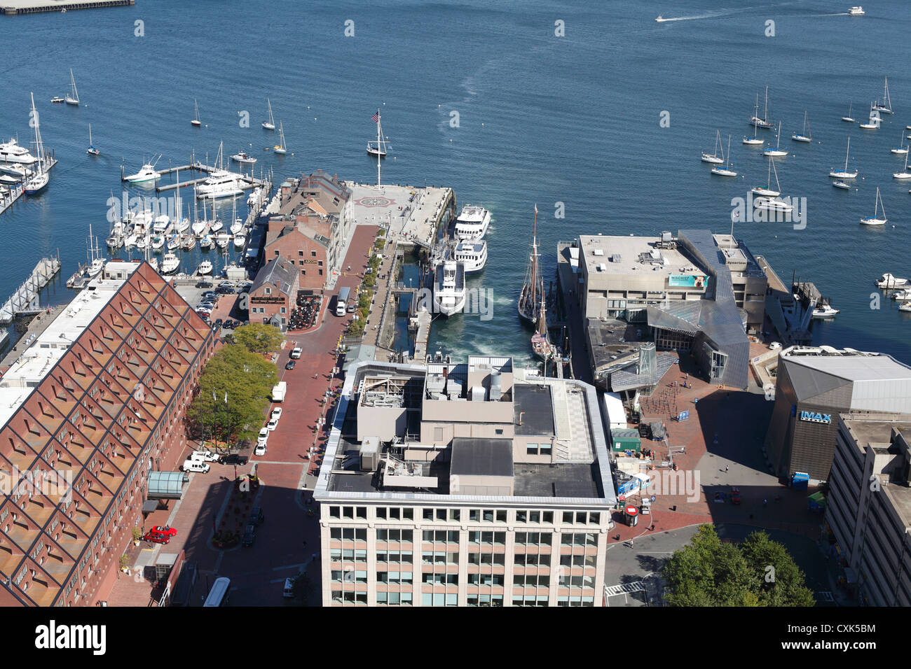 Aerial View Of Boston Long Wharf And Harbor At The Waterfront With ...